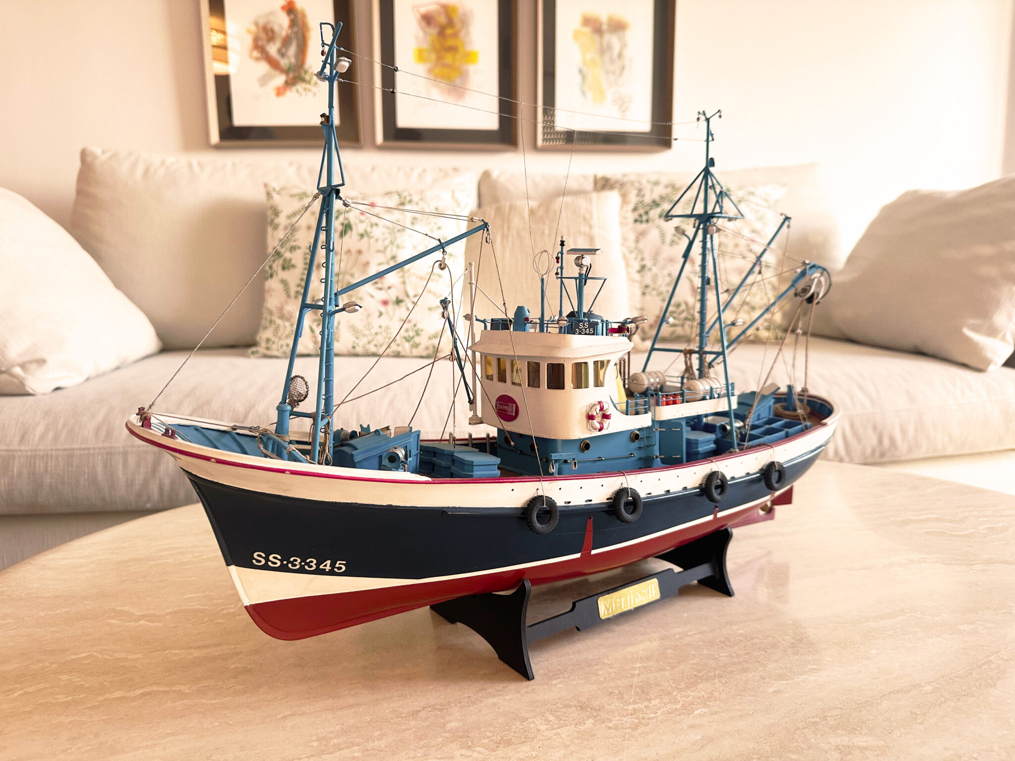 Wooden Tuna Boat Model Marina II: Renewed Modeling Kit with Base